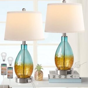 table lamps set of 2, modern ombre blue glass touch control bedroom nightstand lamp for living room with usb ports, coastal 3-way dimmable bedside table lamp with white shade (led bulbs included)