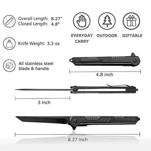 CABUGE EDC Pocket Knife for Men, Tanto Folding Knives with Clip, Slim Gentleman's Knife with Glass Breaker, Flipper Open and Liner Lock for Outdoor Survival Camping Everyday Carry