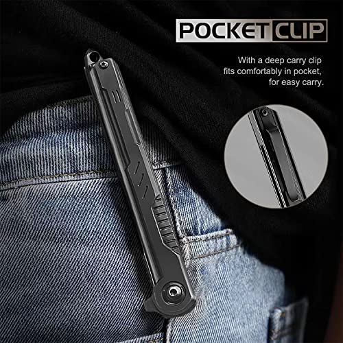 CABUGE EDC Pocket Knife for Men, Tanto Folding Knives with Clip, Slim Gentleman's Knife with Glass Breaker, Flipper Open and Liner Lock for Outdoor Survival Camping Everyday Carry