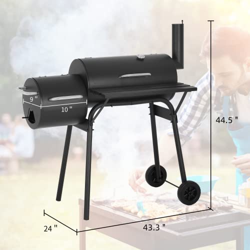 GINMAON Charcoal Grills Outdoor, Portable BBQ Grill Offset Smoker Combo with Wheels & Cover, Heavy-duty Barbecue Cooking Grill with Side Fire Box for 6-10 People Backyard Camping Picnic Patio, Black