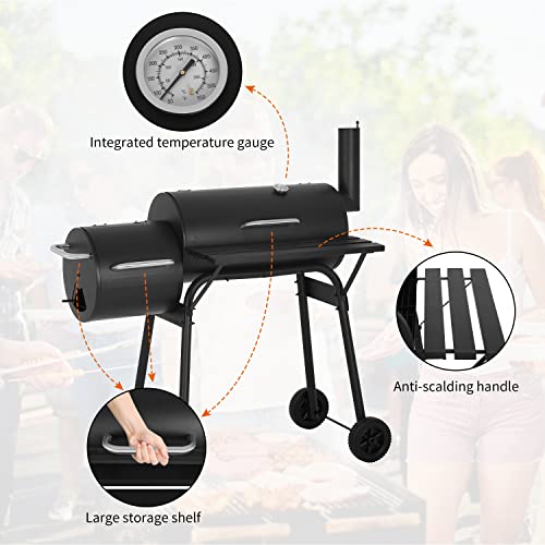 GINMAON Charcoal Grills Outdoor, Portable BBQ Grill Offset Smoker Combo with Wheels & Cover, Heavy-duty Barbecue Cooking Grill with Side Fire Box for 6-10 People Backyard Camping Picnic Patio, Black