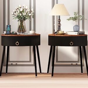 OIOG Side Tables Set of 2, Round Nightstand with Drawer, Modern Bedside End Tables for Small Space, Living Room, Bedroom, Office, Dorm, Rustic Brown and Black