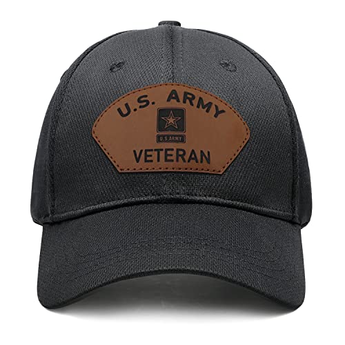 Foakecb US Army Veteran Hat with Leather Patch Military Insignia Cap for Men and Women- Black