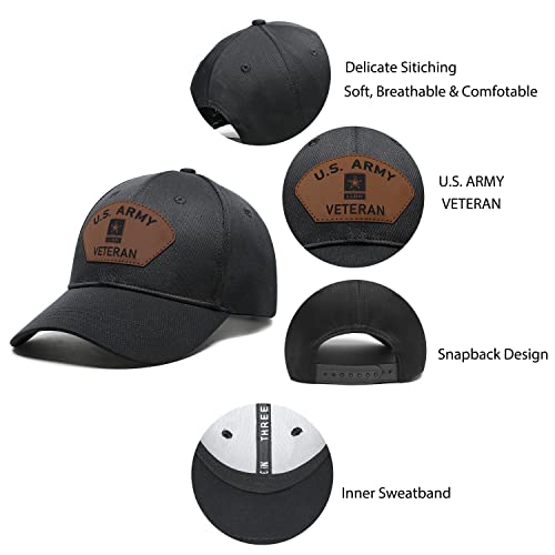 Foakecb US Army Veteran Hat with Leather Patch Military Insignia Cap for Men and Women- Black