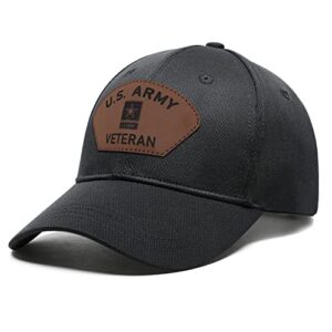 Foakecb US Army Veteran Hat with Leather Patch Military Insignia Cap for Men and Women- Black