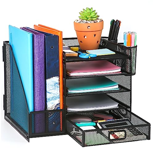 BainGesk Desk Organizers and Accessories, Desk Organizer with File Holder, 5-Tier Paper Letter Tray Organizer with Drawer and 2 Pen Holder, Mesh Desktop Organizer and Storage for Office Supplies