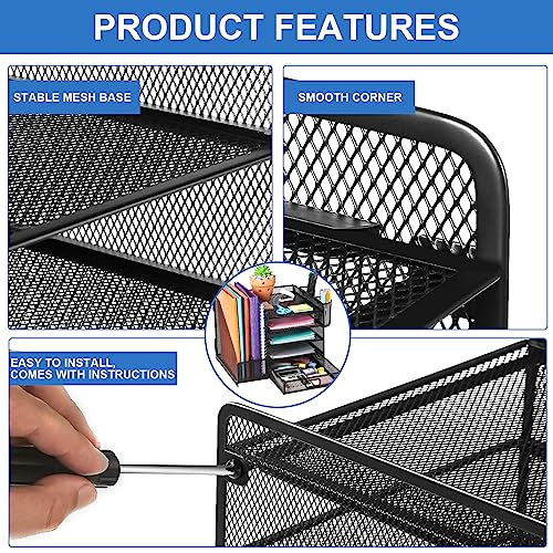 BainGesk Desk Organizers and Accessories, Desk Organizer with File Holder, 5-Tier Paper Letter Tray Organizer with Drawer and 2 Pen Holder, Mesh Desktop Organizer and Storage for Office Supplies