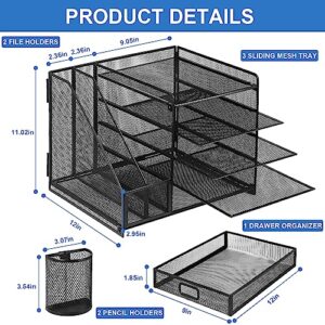 BainGesk Desk Organizers and Accessories, Desk Organizer with File Holder, 5-Tier Paper Letter Tray Organizer with Drawer and 2 Pen Holder, Mesh Desktop Organizer and Storage for Office Supplies