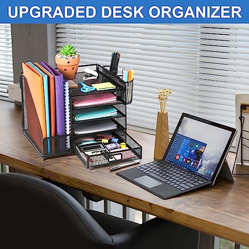 BainGesk Desk Organizers and Accessories, Desk Organizer with File Holder, 5-Tier Paper Letter Tray Organizer with Drawer and 2 Pen Holder, Mesh Desktop Organizer and Storage for Office Supplies