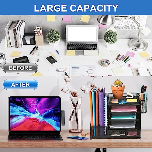 BainGesk Desk Organizers and Accessories, Desk Organizer with File Holder, 5-Tier Paper Letter Tray Organizer with Drawer and 2 Pen Holder, Mesh Desktop Organizer and Storage for Office Supplies