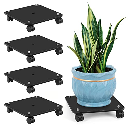 ETELI Plant Caddy with Wheels Bamboo Plant Dolly 4 Pack Heavy Duty Plant Stand for Outdoor Indoor Garden Patio Large Plant Flower Pot Black