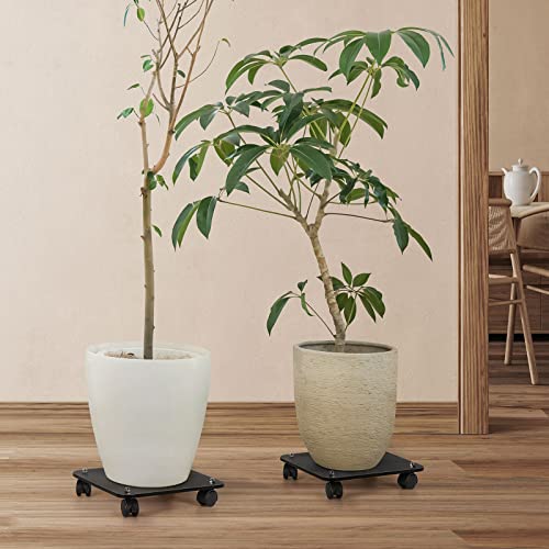 ETELI Plant Caddy with Wheels Bamboo Plant Dolly 4 Pack Heavy Duty Plant Stand for Outdoor Indoor Garden Patio Large Plant Flower Pot Black