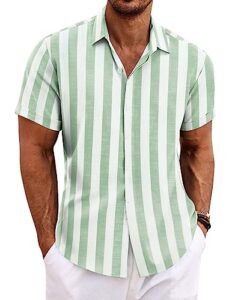 coofandy men's linen cotton no wrinkle short sleeve button down shirts pink green stripe