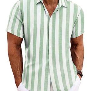 COOFANDY Men's Linen Cotton No Wrinkle Short Sleeve Button Down Shirts Pink Green Stripe