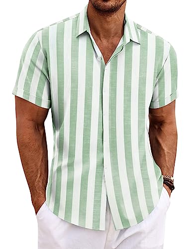 COOFANDY Men's Linen Cotton No Wrinkle Short Sleeve Button Down Shirts Pink Green Stripe