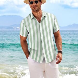 COOFANDY Men's Linen Cotton No Wrinkle Short Sleeve Button Down Shirts Pink Green Stripe