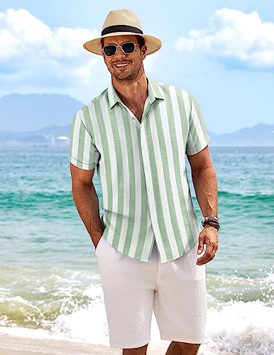 COOFANDY Men's Linen Cotton No Wrinkle Short Sleeve Button Down Shirts Pink Green Stripe