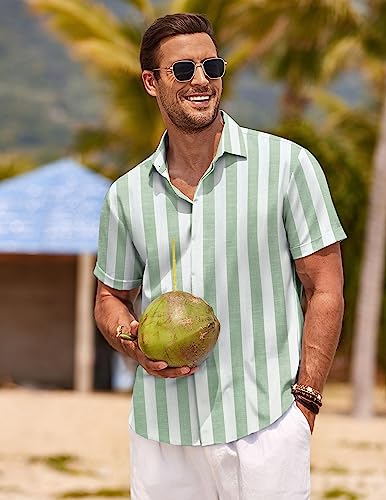 COOFANDY Men's Linen Cotton No Wrinkle Short Sleeve Button Down Shirts Pink Green Stripe