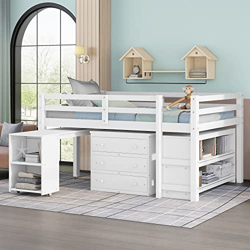 BIADNBZ Full Size Low Loft Bed with Rolling Portable Desk, Cabinet and Shelves, Multiple Functions Pine Wood Bedframe for Kids Teens Bedroom Dorm, Space Saving, White