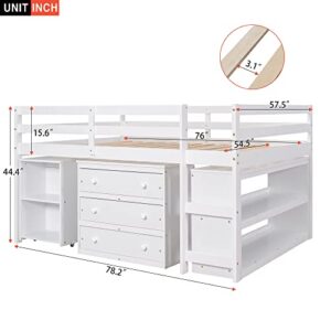 BIADNBZ Full Size Low Loft Bed with Rolling Portable Desk, Cabinet and Shelves, Multiple Functions Pine Wood Bedframe for Kids Teens Bedroom Dorm, Space Saving, White