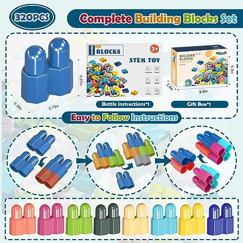 KlayBear 320pcs Set Building Blocks Construction Toy for Boys Girls, Learning STEM Toys Educational Kit Child Brain Development Preschool Kindergarten Sensory Building Toys Gifts for Kids Ages 6-8-12