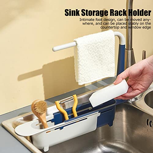 Natudeco Expandable Sink Storage Rack Countertop Sink Rack Rack Adjustable Sink Organizer Ventilation and Drainage Length Freely Adjustable for Home Kitchen (Blue)