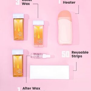 Waxing Kit, Wax Roller, Roll On Wax Kit with 2 Honey & 1 Rose Roll on wax, 50 Non-Woven Wax Strips, Soft Wax Warmer for Hair Removal, At Home Waxing Roller Kit for Larger Areas of the Body