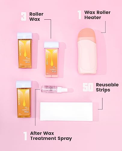 Waxing Kit, Wax Roller, Roll On Wax Kit with 2 Honey & 1 Rose Roll on wax, 50 Non-Woven Wax Strips, Soft Wax Warmer for Hair Removal, At Home Waxing Roller Kit for Larger Areas of the Body