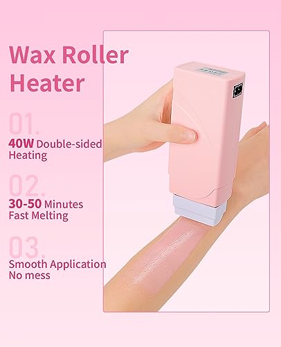 Waxing Kit, Wax Roller, Roll On Wax Kit with 2 Honey & 1 Rose Roll on wax, 50 Non-Woven Wax Strips, Soft Wax Warmer for Hair Removal, At Home Waxing Roller Kit for Larger Areas of the Body