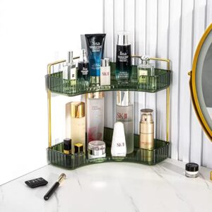 Corner Bathroom Counter Organizer, Vanity Trays for Bathroom, Skincare Makeup Organizer Shelf, Vanity Organizer, Bathroom Counter Shelf for Cosmetics, Toiletries, Lotions, Perfumes (2 Tiers, Green)