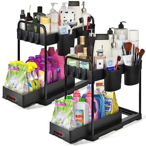 2 pack under kitchen sink organizers storage, 2-tier sliding under bathroom cabinet storage drawer organizer with hooks, hanging cup, handles, multi-purpose under sink shelf organizer, black