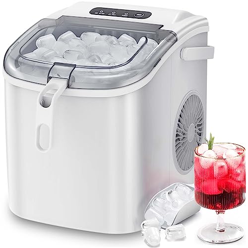 ZAFRO Ice Maker Countertop, Portable Ice Machine with Carry Handle, Self-Cleaning Ice Makers with Basket and Scoop, 9 Cubes in 6 Mins, 26 lbs per Day, Suitable for Kitchen, Camping, Party （White）