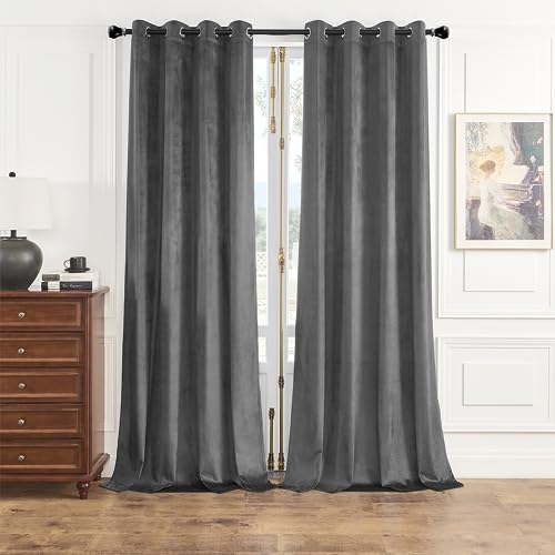 ChrisDowa Grey Velvet Curtains 84 inches Long, 2 Panels Set Thermal Insulated Room Darkening Velvet Curtains for Living Room, Privacy Grommet Window Curtains for Bedroom (Gray, 52 x 84 Inch)