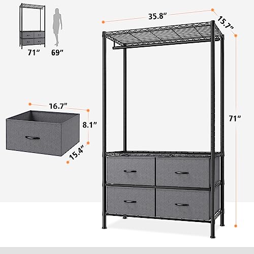 Raybee Clothes Rack, Clothing Racks for Hanging Clothes Rack Heavy Duty Clothing Rack Adjustable Clothes Racks for Hanging Clothes Metal Wire Garment Rack with 4 Fabric Drawers Portable Closet,Black