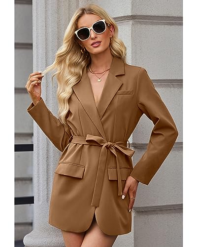 luvamia 2023 Blazers for Women Business Casual Outfits Fashion Dressy Long Suit Jacket Office Belted Blazer Dress Work Womens Blazers for Work Professional Womans Dresses Amber Brown Size 12 Size 14