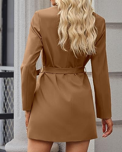 luvamia 2023 Blazers for Women Business Casual Outfits Fashion Dressy Long Suit Jacket Office Belted Blazer Dress Work Womens Blazers for Work Professional Womans Dresses Amber Brown Size 12 Size 14