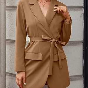 luvamia 2023 Blazers for Women Business Casual Outfits Fashion Dressy Long Suit Jacket Office Belted Blazer Dress Work Womens Blazers for Work Professional Womans Dresses Amber Brown Size 12 Size 14