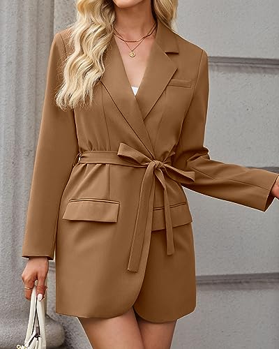 luvamia 2023 Blazers for Women Business Casual Outfits Fashion Dressy Long Suit Jacket Office Belted Blazer Dress Work Womens Blazers for Work Professional Womans Dresses Amber Brown Size 12 Size 14