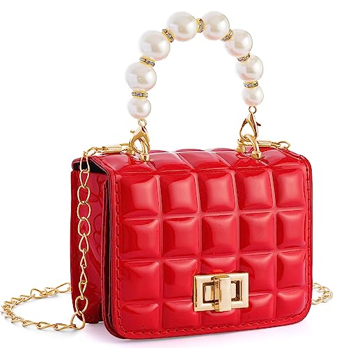 Kids Purse Little Girls Purse Candy Color PU Leather Bag Fashion Crossbody Purse Cute Handbag Shoulder bag with Pearl Handle Gold Chain Presents for Children(Red)