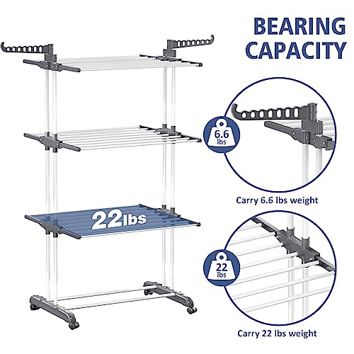 TOOLF Clothes Drying Rack, 4-Tier Foldable Drying Rack Clothing, Indoor/Outdoor Laundry Drying Rack with Foldable Wings, Space Saving Laundry Rack, Grey