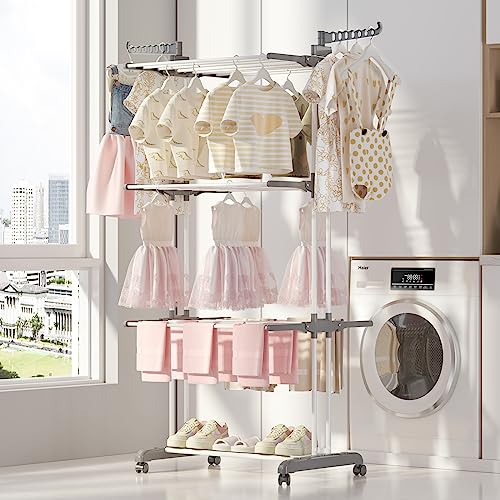 TOOLF Clothes Drying Rack, 4-Tier Foldable Drying Rack Clothing, Indoor/Outdoor Laundry Drying Rack with Foldable Wings, Space Saving Laundry Rack, Grey