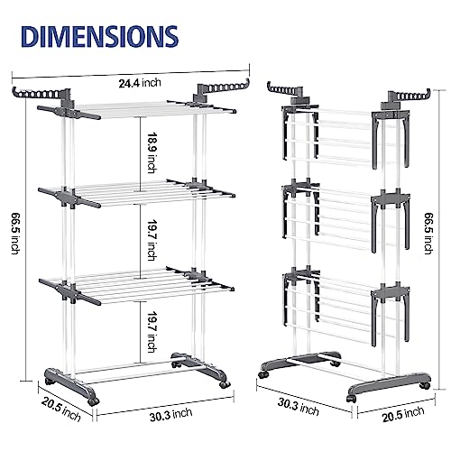 TOOLF Clothes Drying Rack, 4-Tier Foldable Drying Rack Clothing, Indoor/Outdoor Laundry Drying Rack with Foldable Wings, Space Saving Laundry Rack, Grey