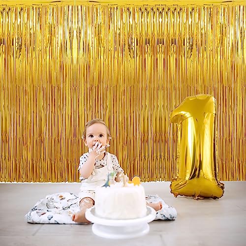 8Pcs Gold Backdrop Curtains, Gold Tinsel Foil Fringe Backdrop with Hanging Swirls, 3.3ft x 6.6ft Foil Fringe Curtains Backdrop Tinsel Curtain Streamer for Girl Women Party Birthday Decorations