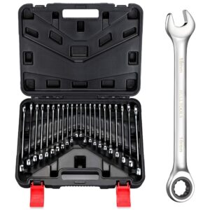 bulltools 22-piece ratchet wrenches chrome vanadium steel ratcheting wrench set with metric and sae 72-tooth box end and open end standard wrench set with organizer box