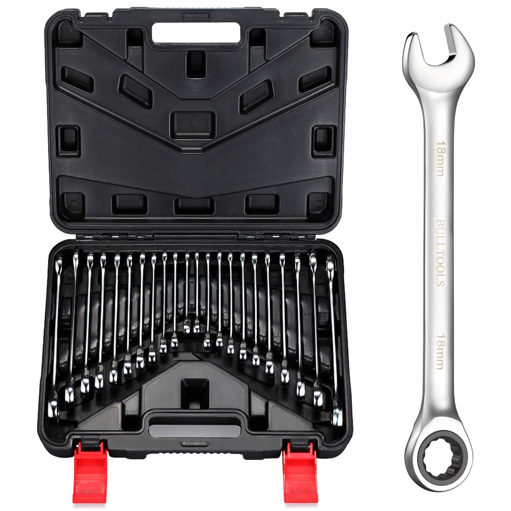 BULLTOOLS 22-Piece Ratchet Wrenches Chrome Vanadium Steel Ratcheting Wrench Set with Metric and SAE 72-Tooth Box End and Open End Standard Wrench Set with Organizer Box