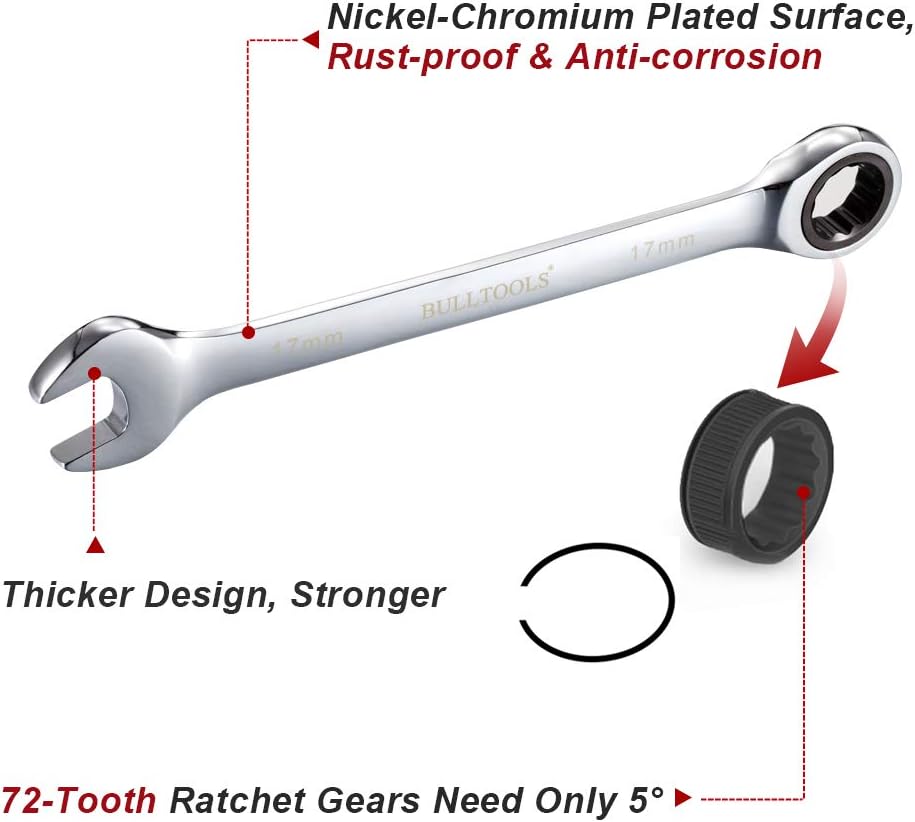 BULLTOOLS 22-Piece Ratchet Wrenches Chrome Vanadium Steel Ratcheting Wrench Set with Metric and SAE 72-Tooth Box End and Open End Standard Wrench Set with Organizer Box