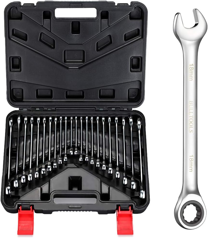 BULLTOOLS 22-Piece Ratchet Wrenches Chrome Vanadium Steel Ratcheting Wrench Set with Metric and SAE 72-Tooth Box End and Open End Standard Wrench Set with Organizer Box