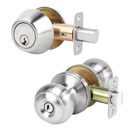 LOQRON Keyless Privacy Door Knob and Single Cylinder Deadbolt Lock Combo Set Security for Front Door Bedroom/Bathroom Satin Nickel Finish