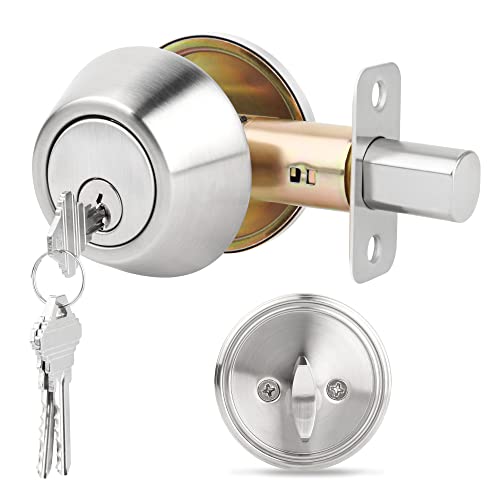 LOQRON Keyless Privacy Door Knob and Single Cylinder Deadbolt Lock Combo Set Security for Front Door Bedroom/Bathroom Satin Nickel Finish