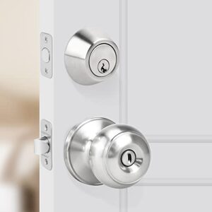 LOQRON Keyless Privacy Door Knob and Single Cylinder Deadbolt Lock Combo Set Security for Front Door Bedroom/Bathroom Satin Nickel Finish